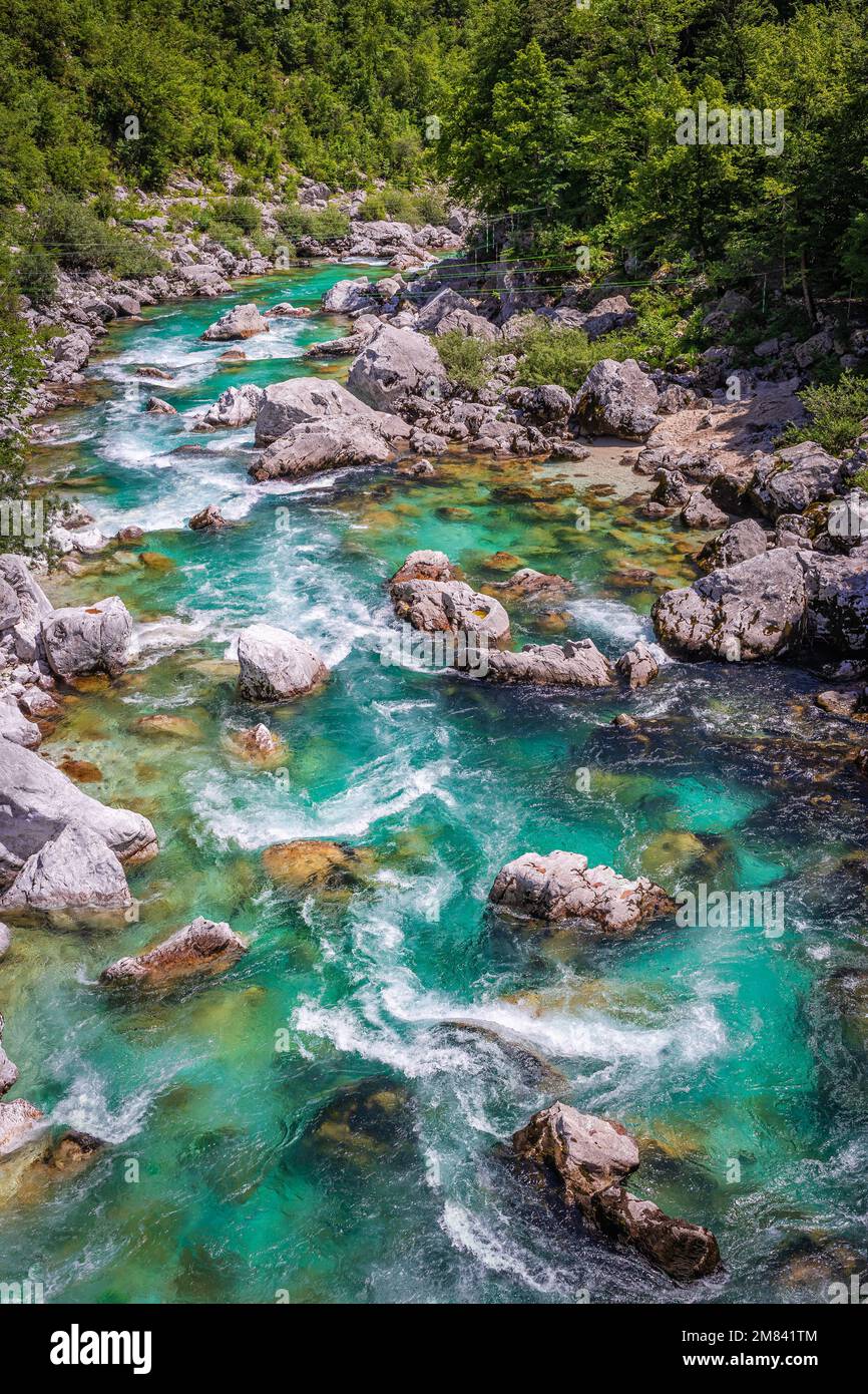 Soca Valley, Slovenia - Aerial view of the emerald alpine river Soca on ...