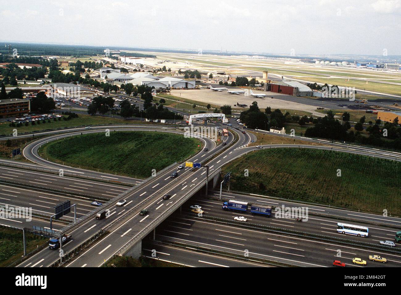 An aerial view of the highway interchange leading to the base's main ...