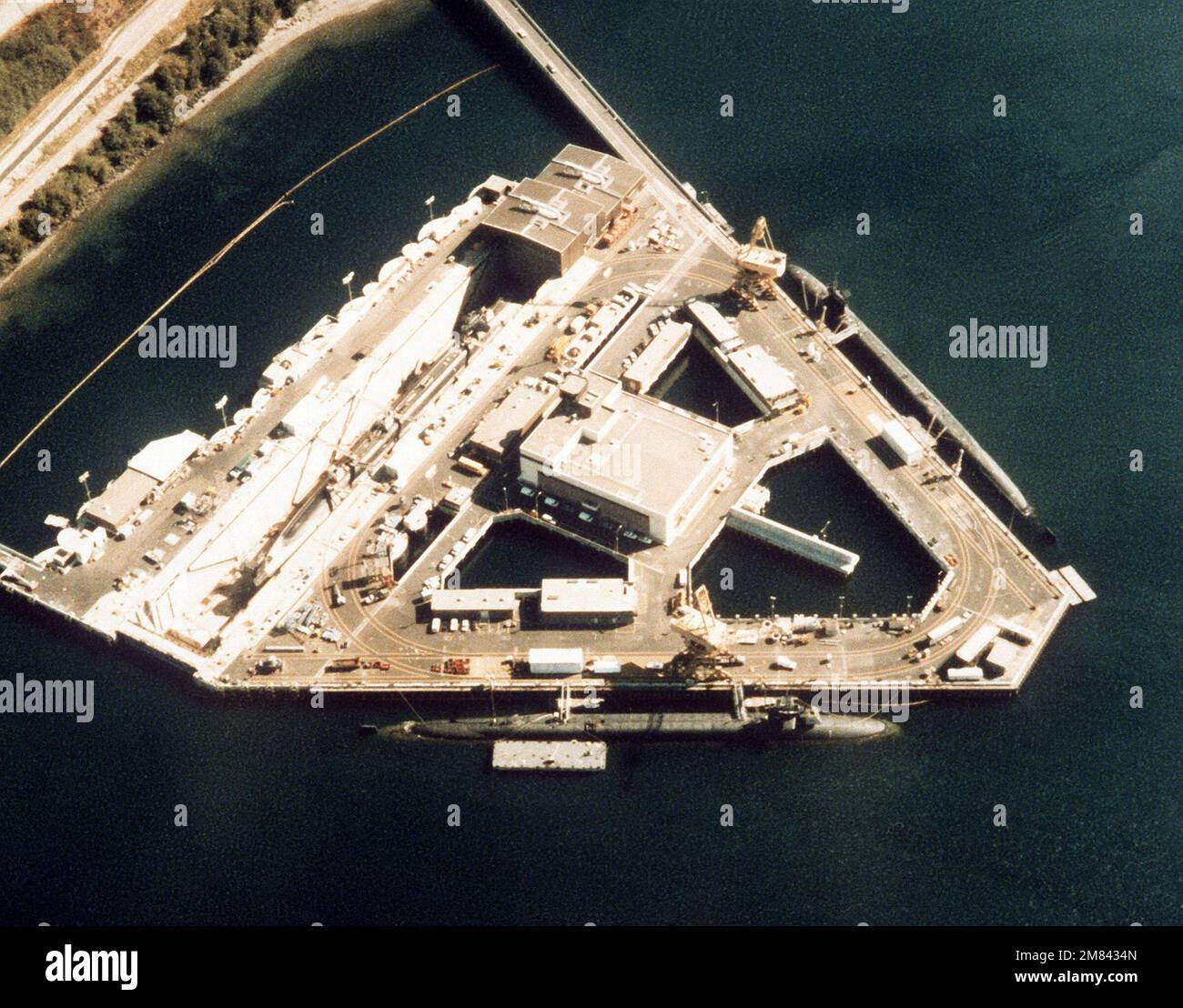 Aerial view of the Delta Pier. Three Trident submarines are visible ...