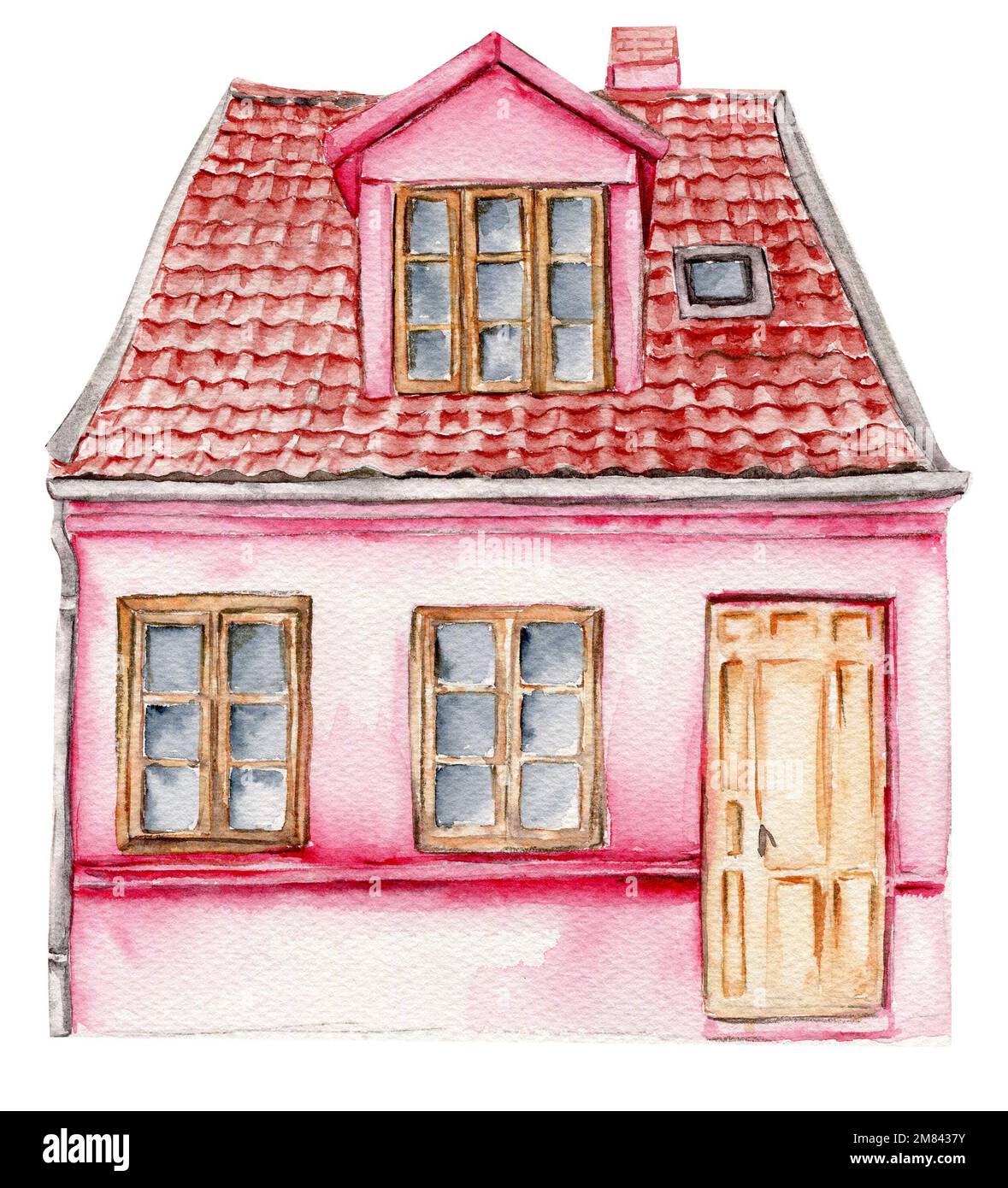 Watercolor illustration of an old pink country house and valentine ...