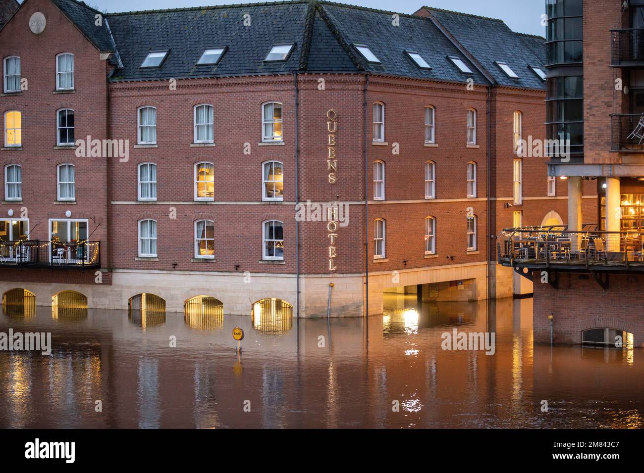 The Queens Hotel carpark is flooded as heavy rain causes the River Ouse ...