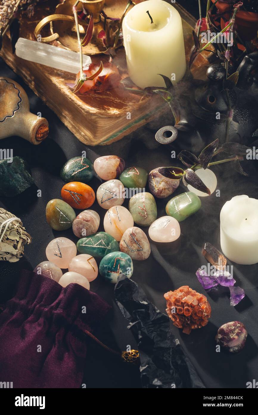 Witchcraft Equipment on Black Background. Esoteric Occult Altar with ...