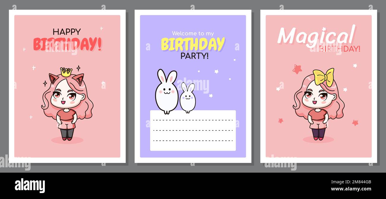 Set of happy birthday greeting cards with chibi girls and bunnies Stock ...