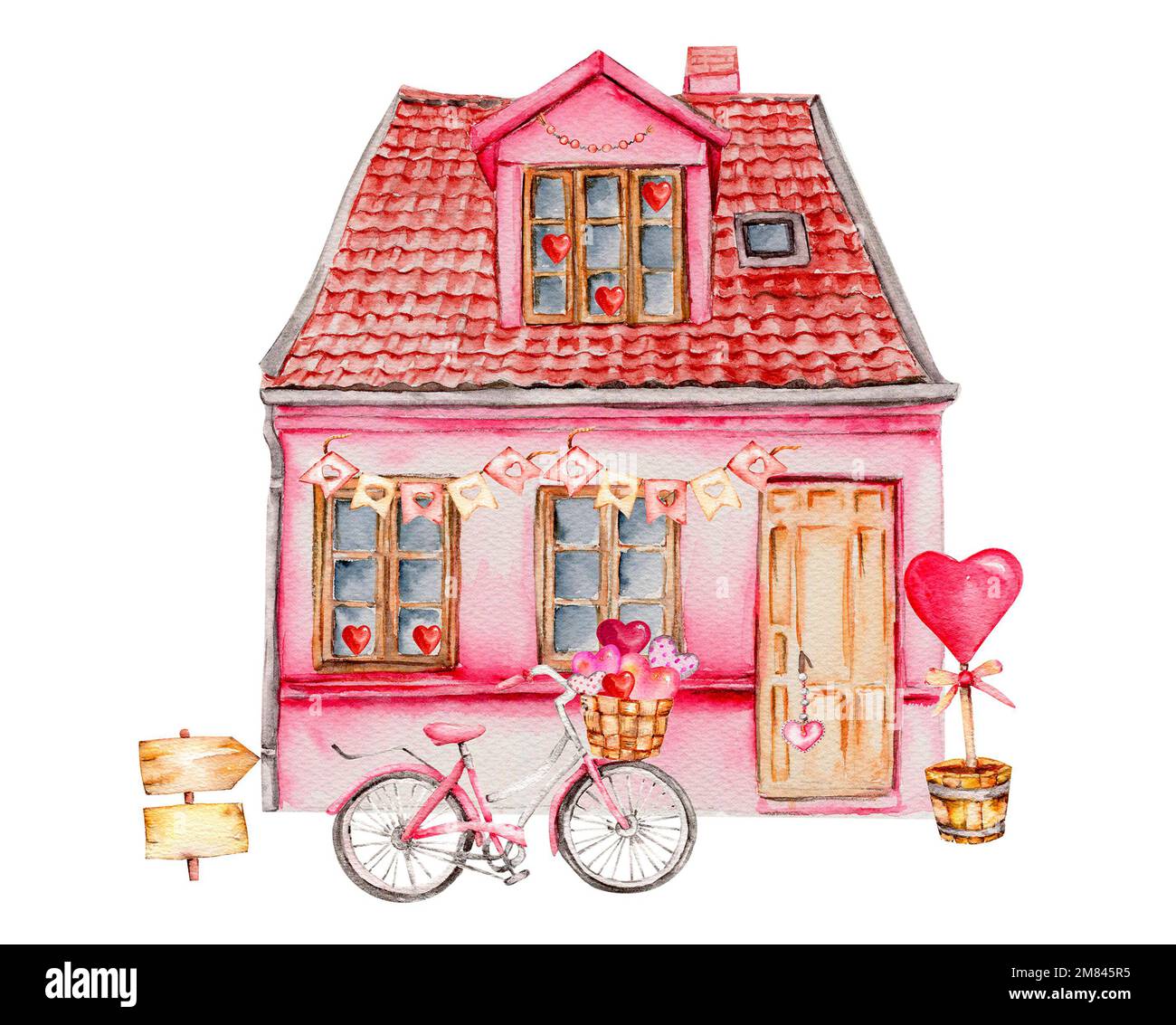 Watercolor illustration of an old pink country house and valentine ...