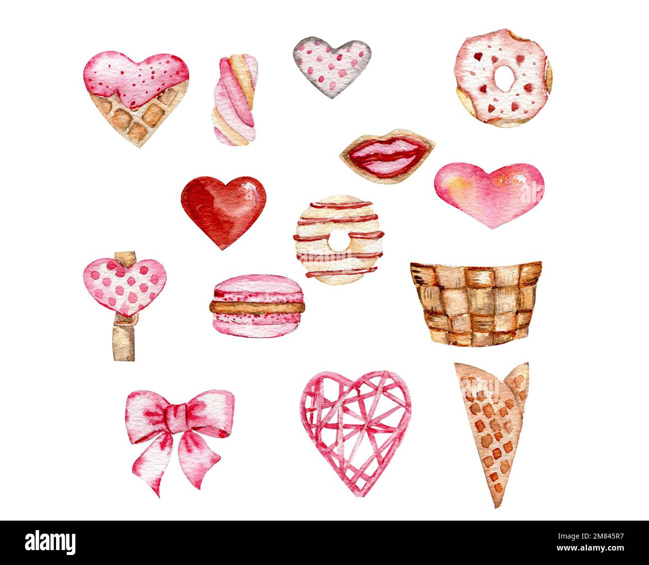 Watercolor illustration of an pinkvalentine party elements . Hand-drawn ...