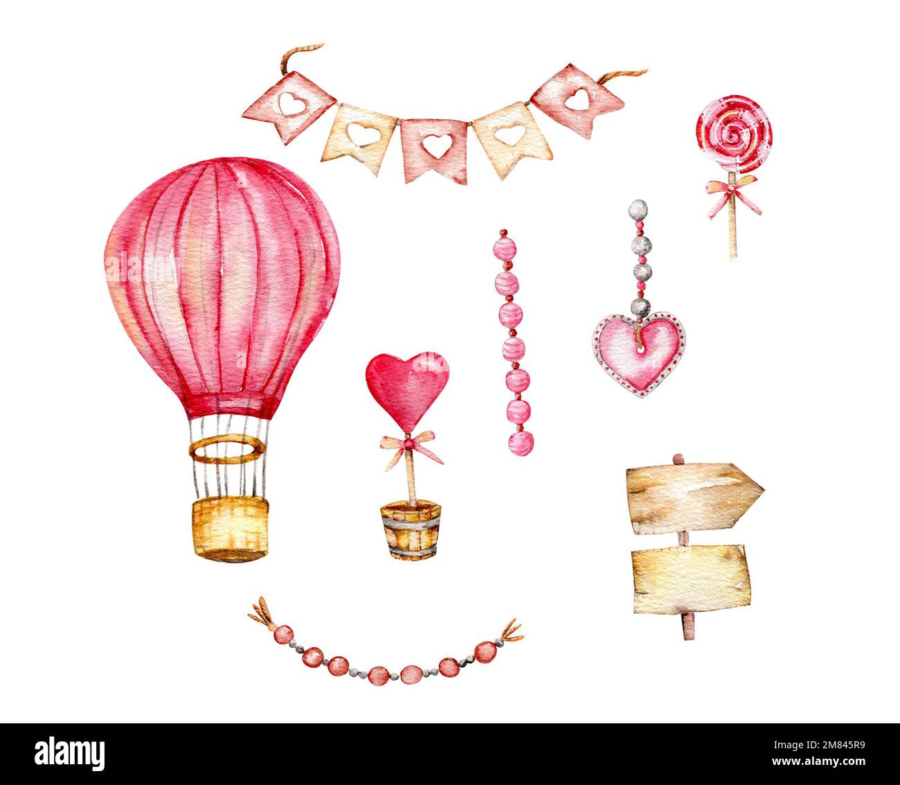 Watercolor illustration of an pink balloon and valentine party elements ...