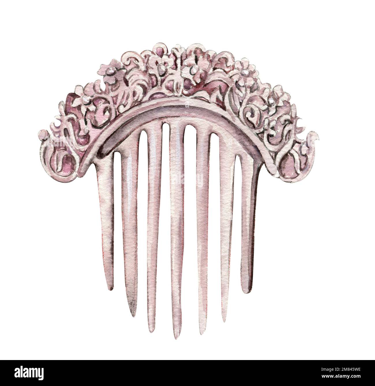 Watercolor illustration of an old ornamented hair comb.An old rusty ...