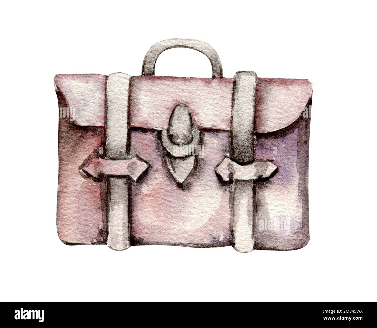 Watercolor illustration of an old pink leather bag. An old rusty enamel ...