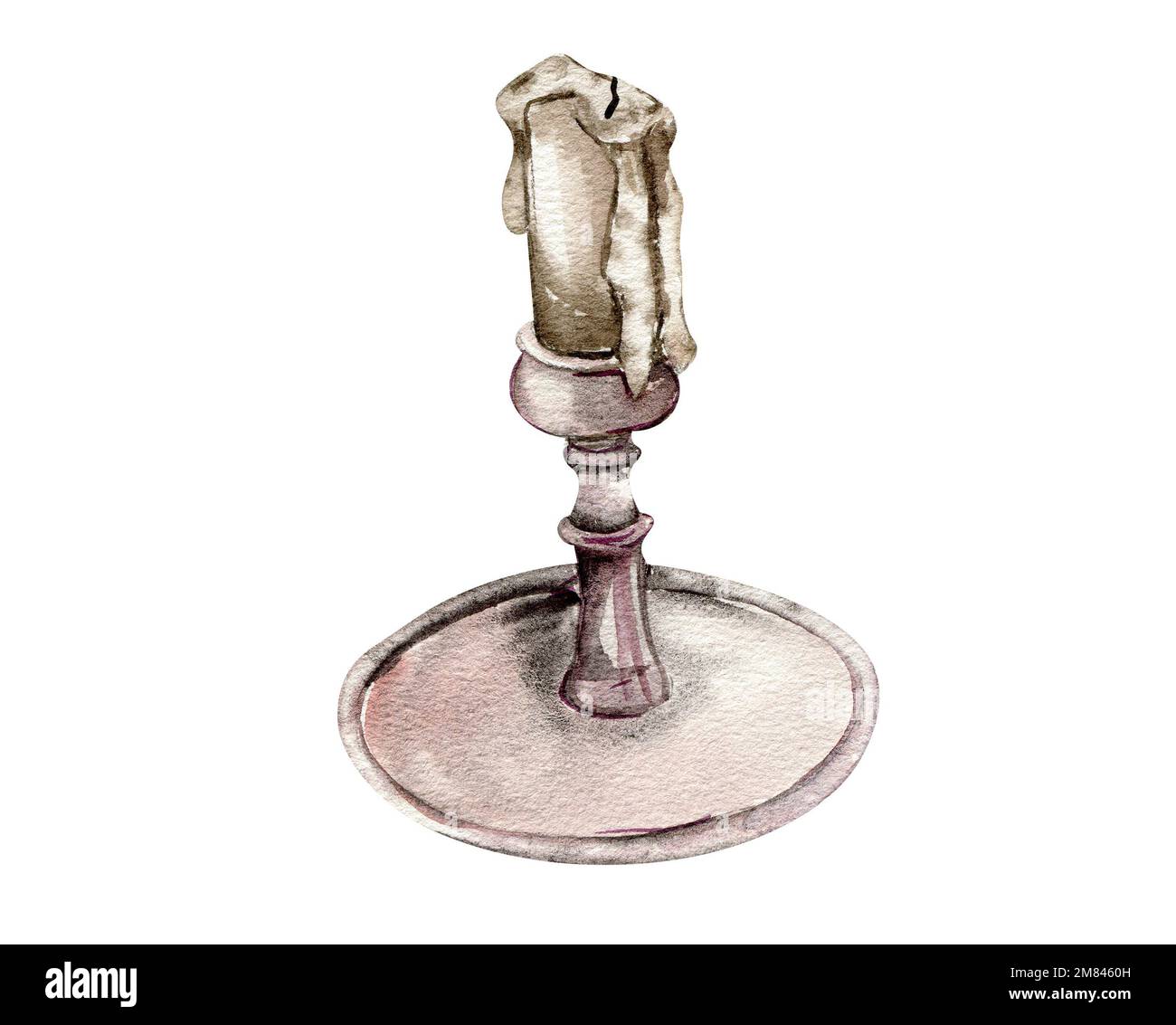 Watercolor illustration of an old metallic andelabrum with candle.An ...