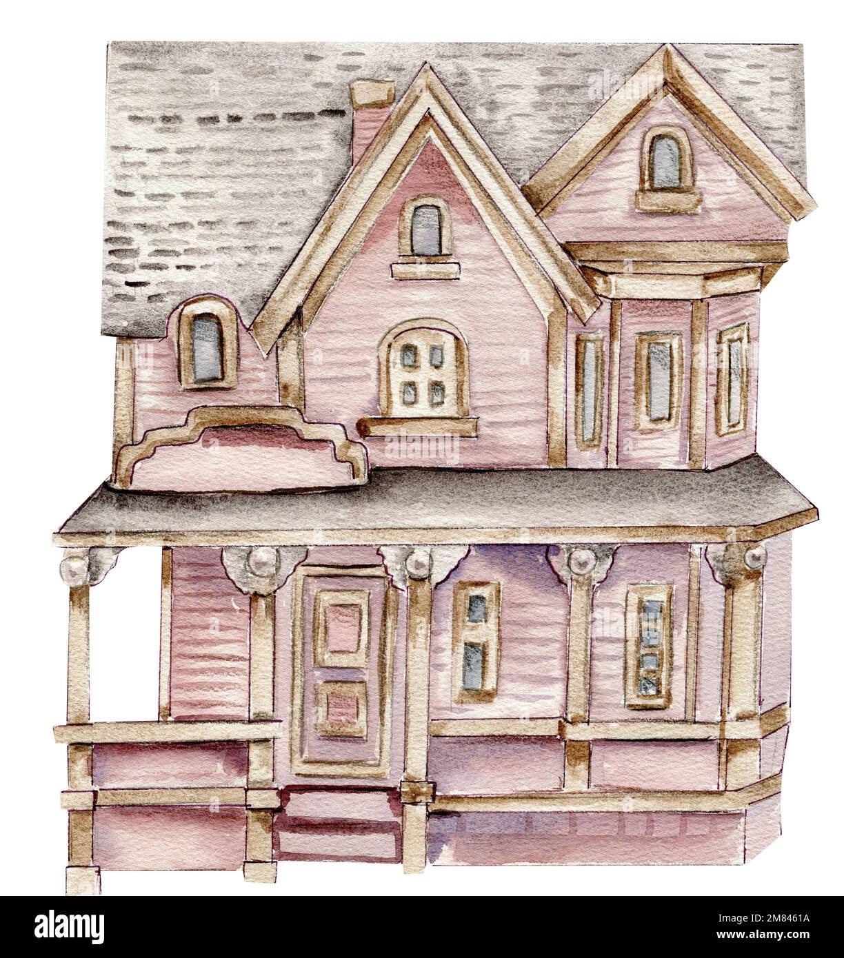 Watercolor illustration of an old pink country house . An old rusty ...