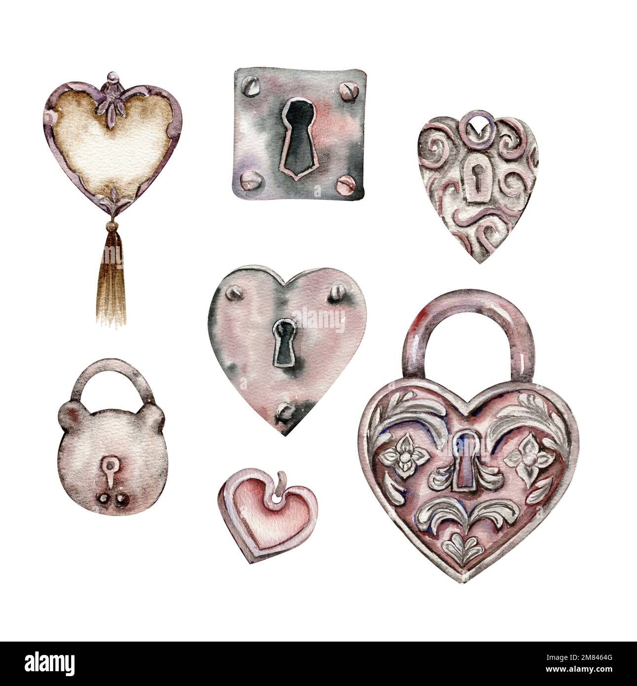 Watercolor illustration of an old rusty element carved locks set . Hand ...