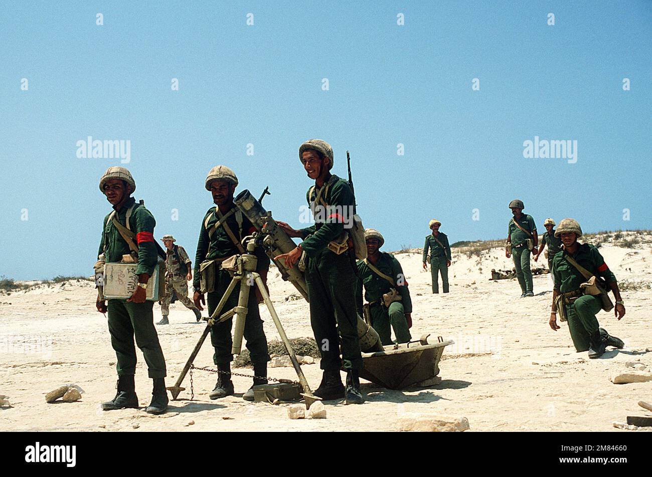 Egyptian marines aim a Soviet-made 120mm M-43 mortar in an amphibious ...