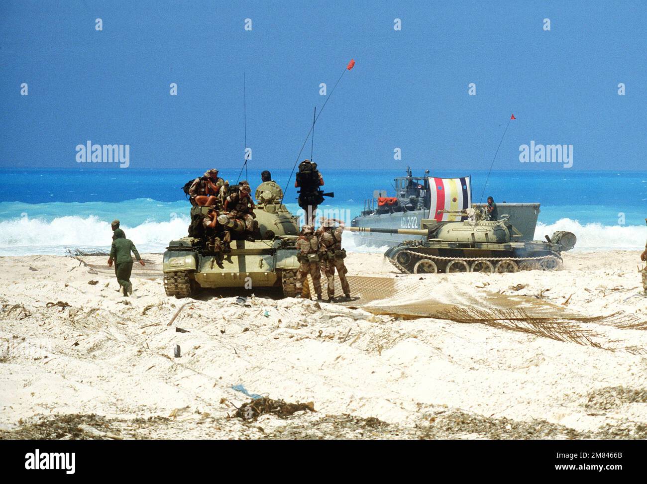 Egyptian T-54 / 55 tanks maneuver on the beach during an amphibious ...