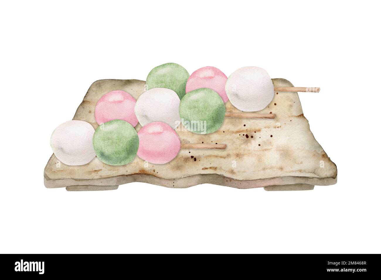 Watercolor hand drawn traditional Japanese sweets. Ceramic dish with ...