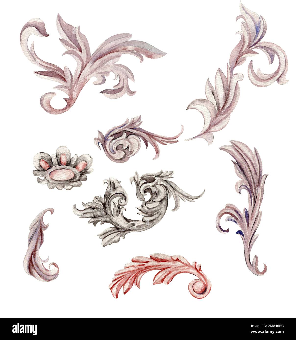 Watercolor illustration of an old romantic baroque ornaments set. Hand ...