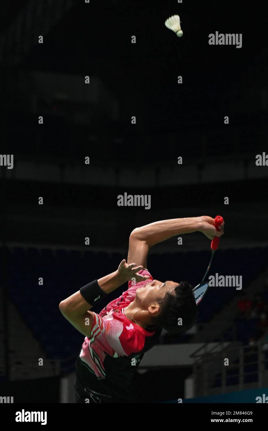 Kuala Lumpur, Malaysia. 12th Jan, 2023. Indonesia's Jonatan Christie hits a return during the ...