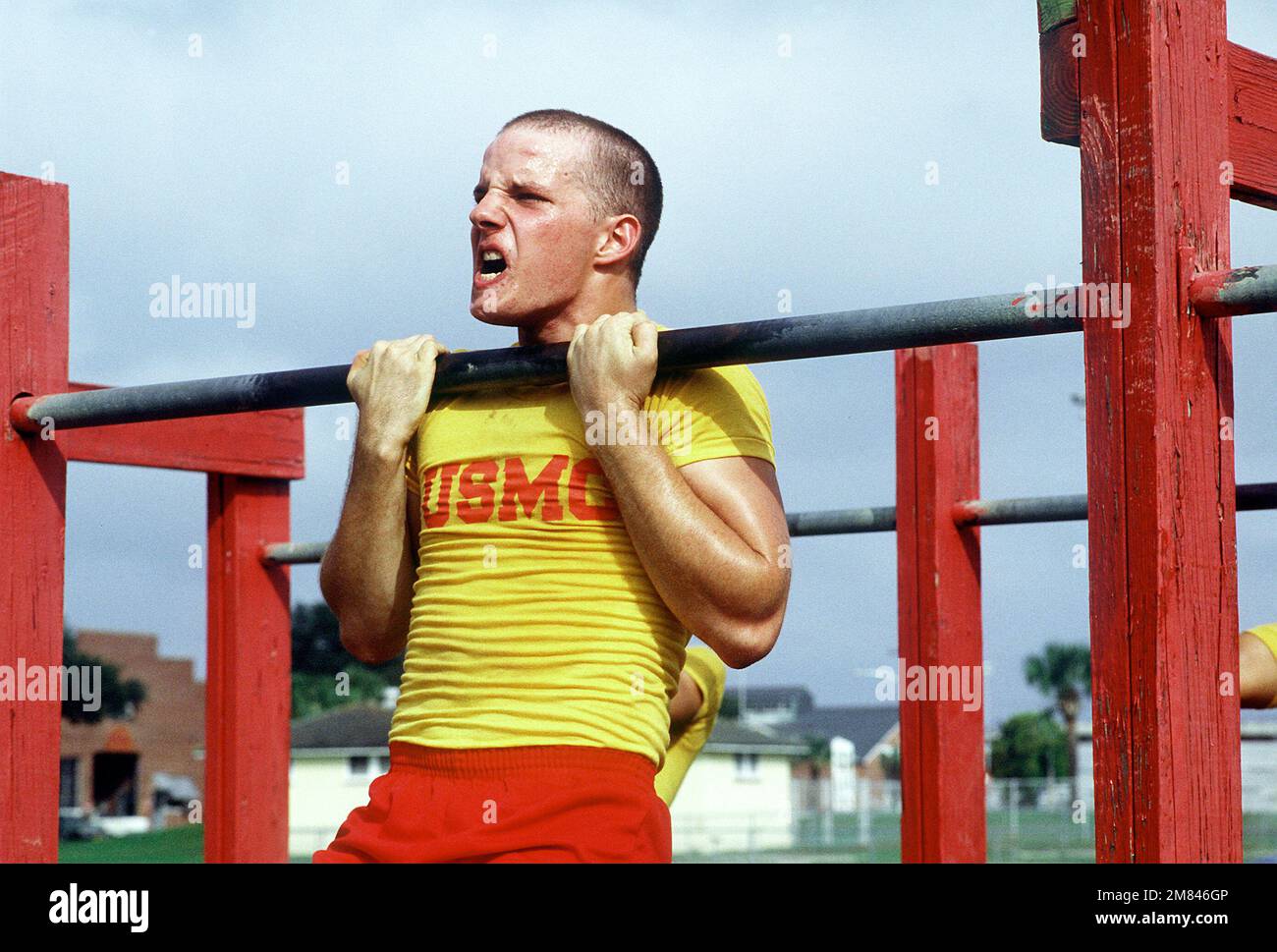 A Marine recruit performs pull-ups during physical training at the ...