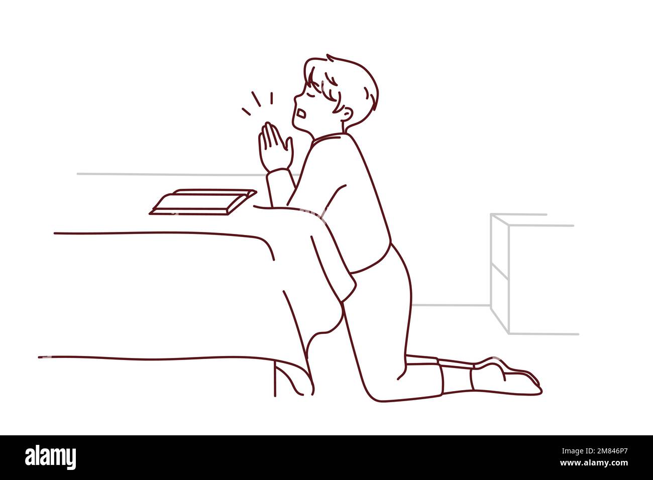 Small boy kneel in bedroom praying with hands join at home. Little ...