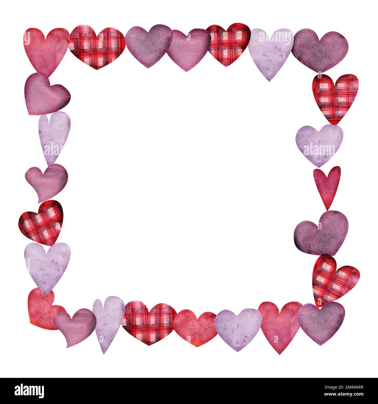 Watercolor hand drawn square frame of plaid red and purple hearts for ...