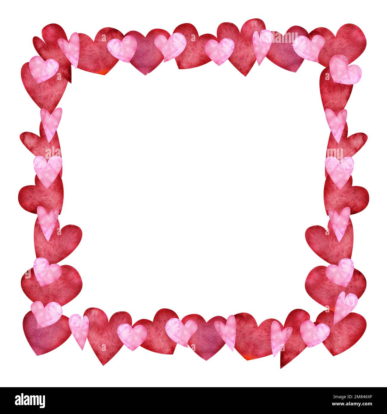 Watercolor hand drawn square frame of red, pink and purple hearts for ...