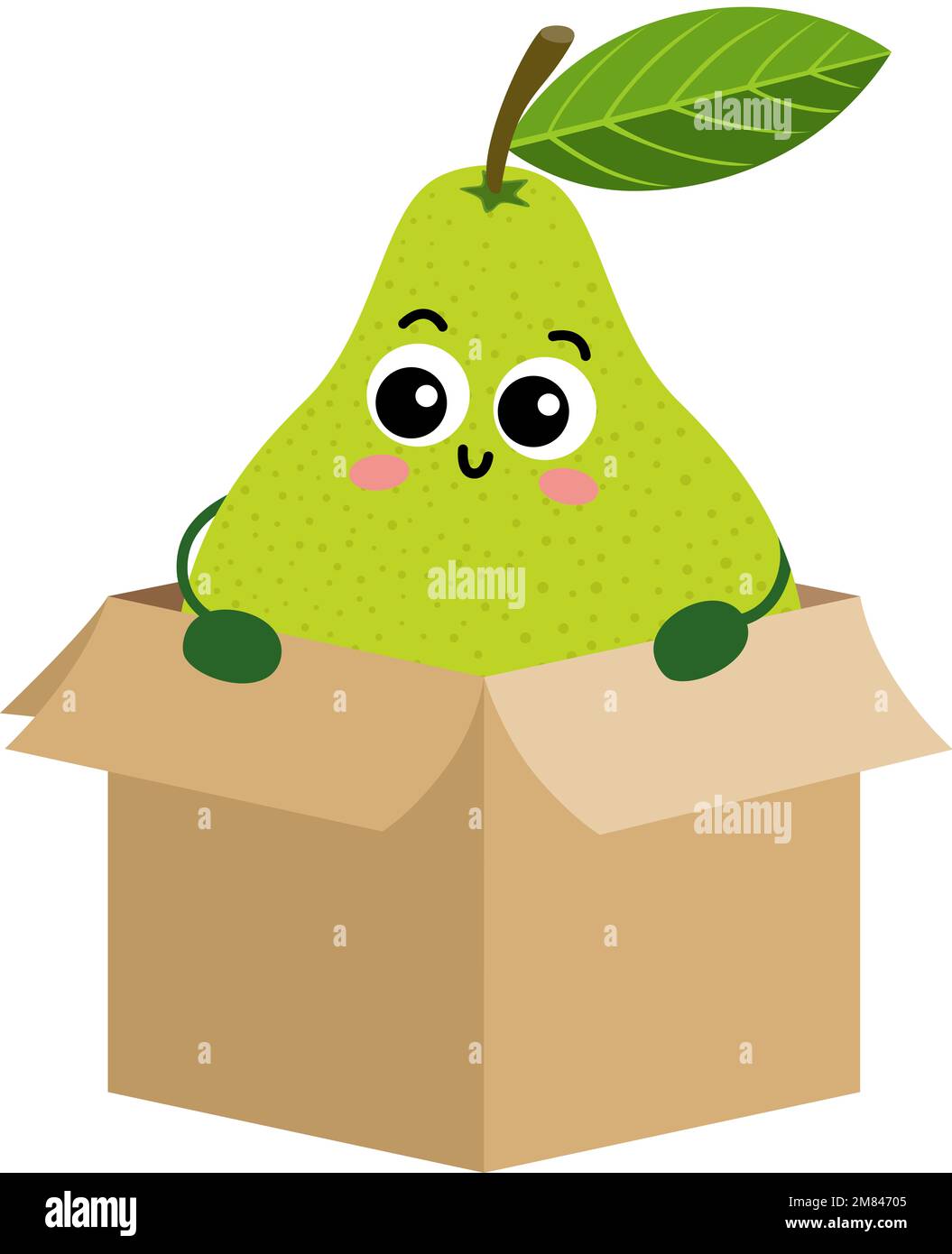 Funny green pear mascot in cardboard box Stock Photo - Alamy