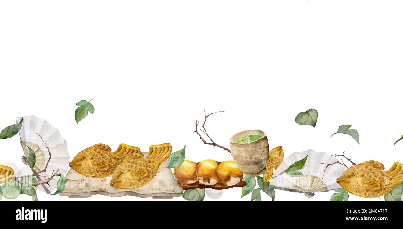Watercolor hand drawn traditional Japanese sweets. Wide seamless border ...