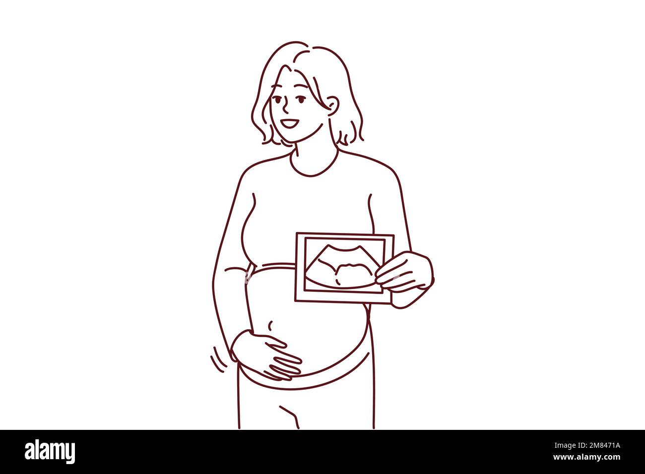 Smiling pregnant woman touch belly show scan of embryo. Happy future ...