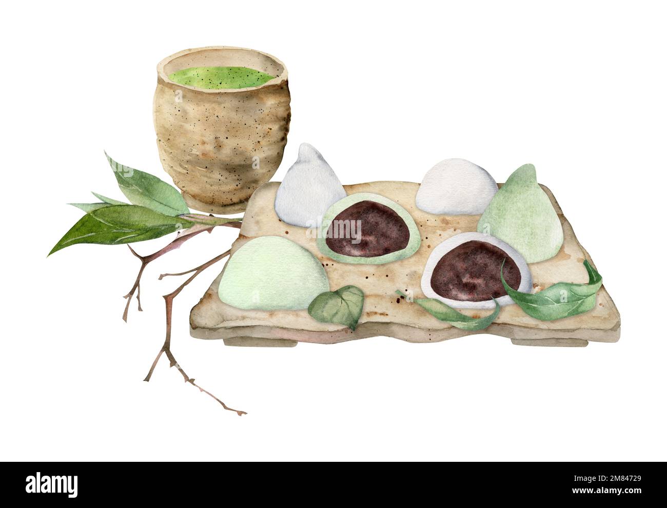 Watercolor hand drawn traditional Japanese sweets. Ceramic dish ...