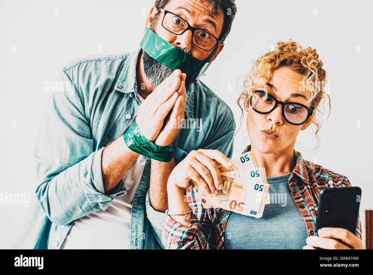 Funny couple man and woman with money shopping addiction problems. Nice ...