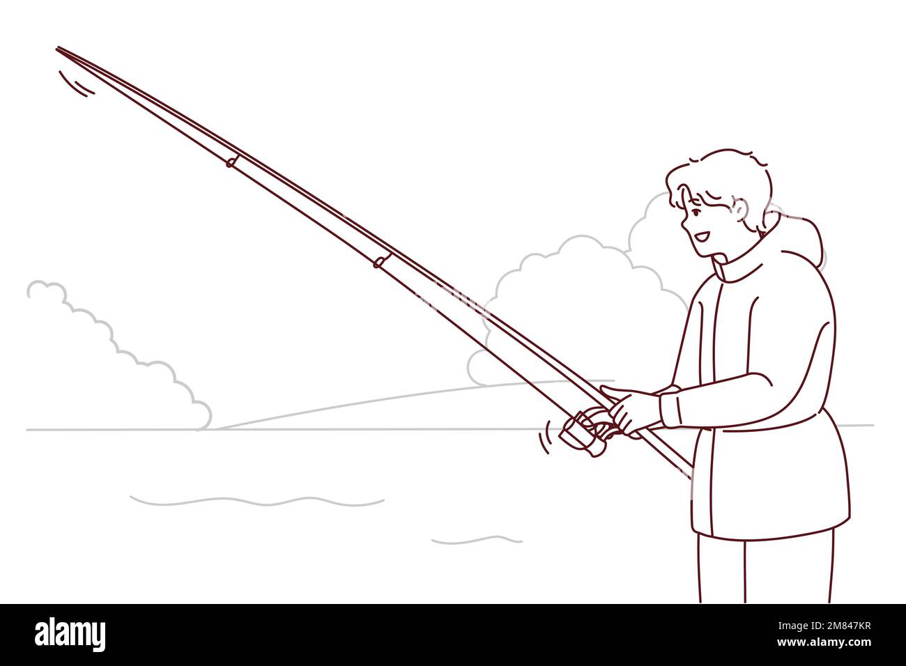 Man with rod fishing in nature landscape. Smiling fisherman in ...