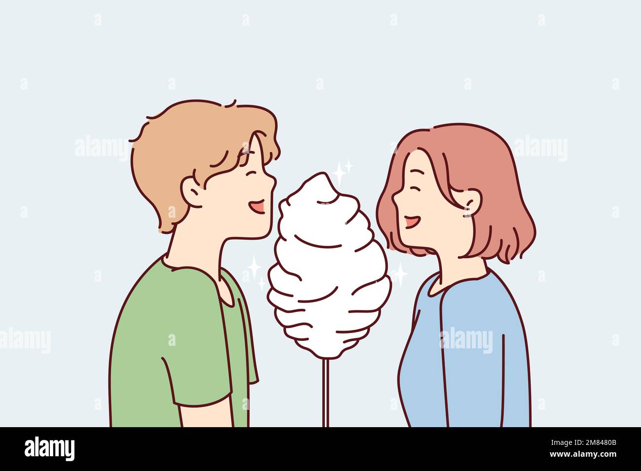 Youth boy and girl with cotton candy, smiling eat street food bought ...