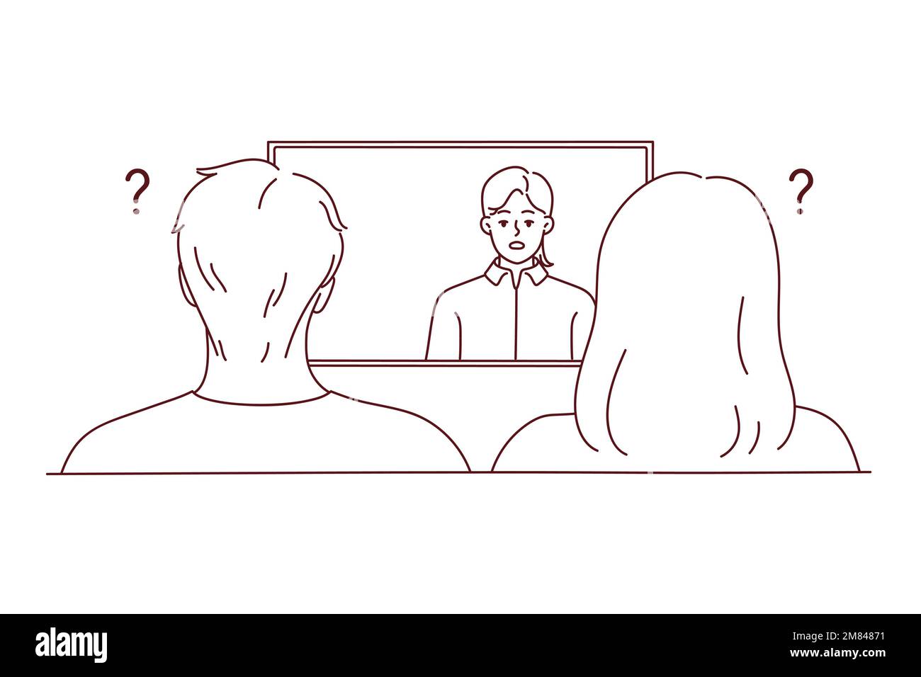 Confused couple sit on sofa frustrated with news on TV. Distressed man ...