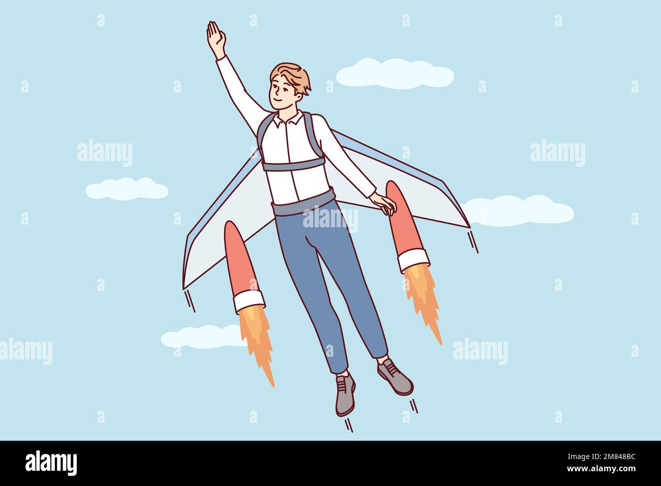 Man flies up with help of jet wings for concept of career growth or ...