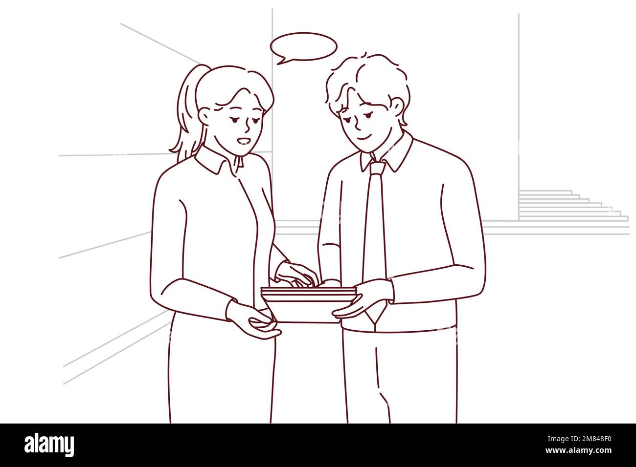 Businesspeople hold document discuss business ideas in office ...