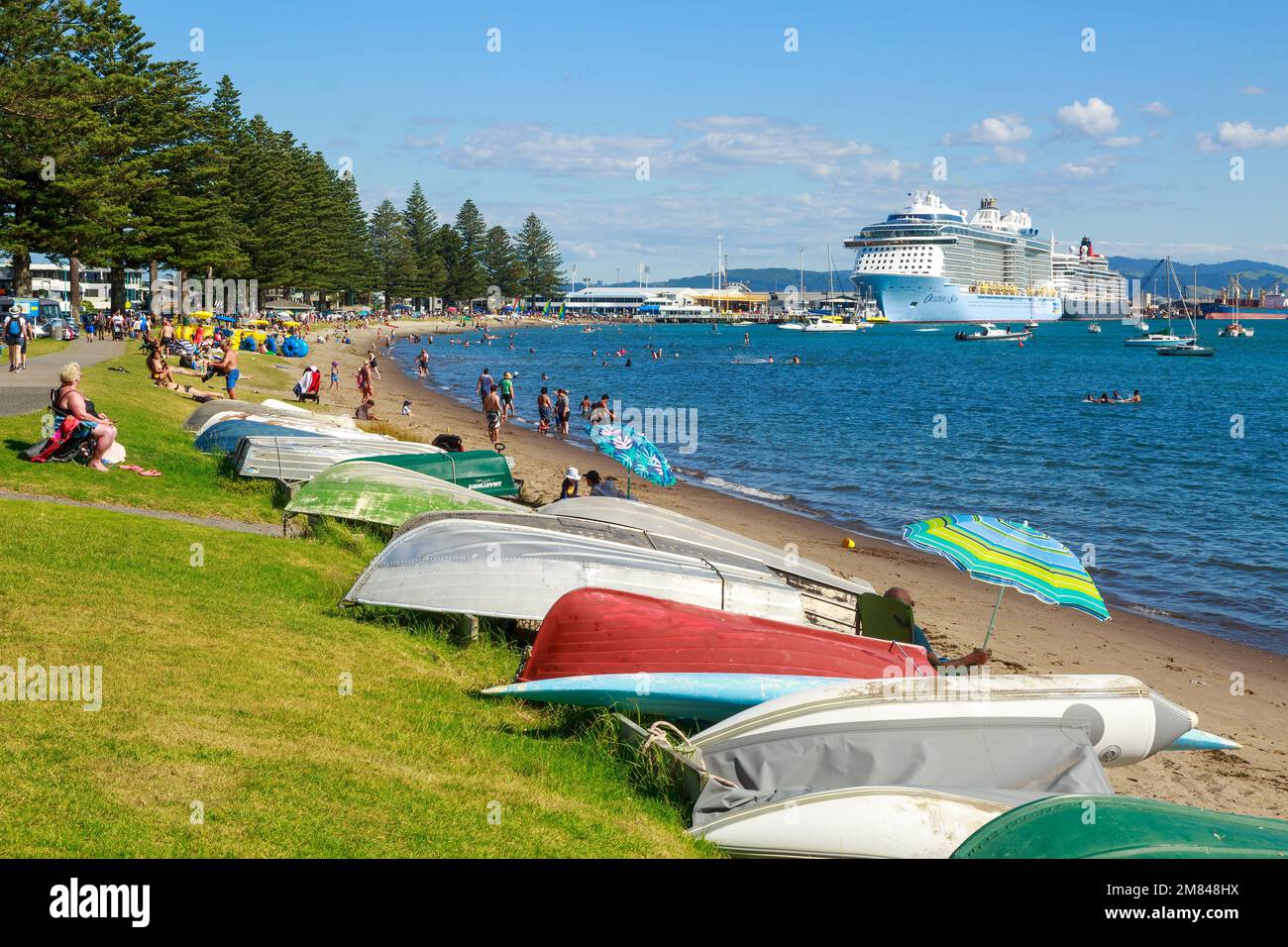 Mount Maunganui, New Zealand, in summer. A view of Pilot Bay beach ...