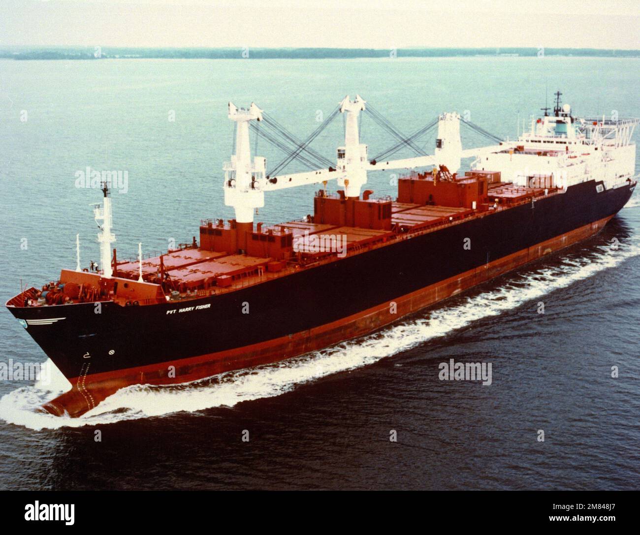 An elevated port bow view of the Maritime Prepositioning Ship USNS PVT ...
