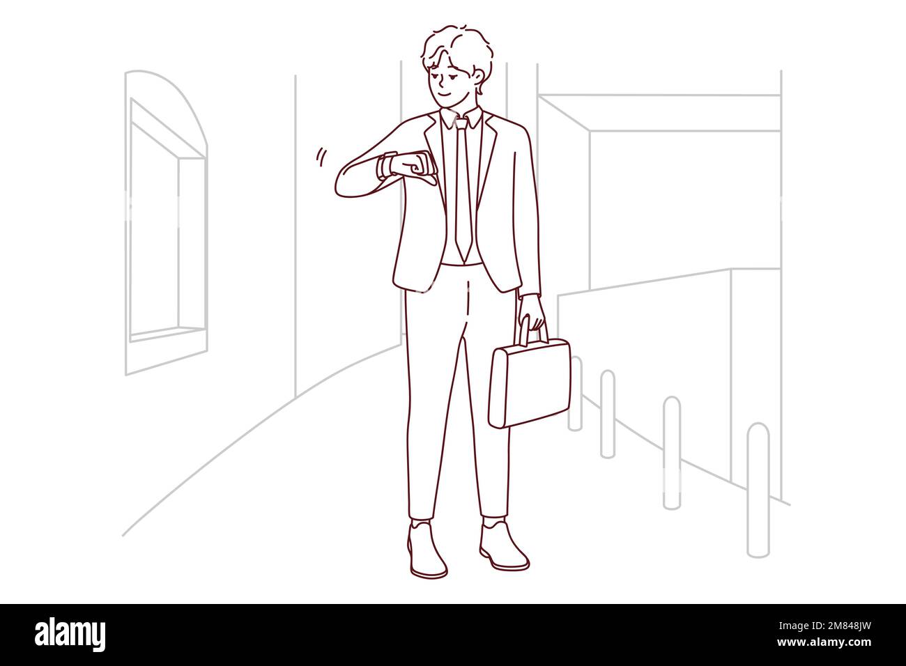 Young businessman in suit look at watch checking time. Male employee or ...