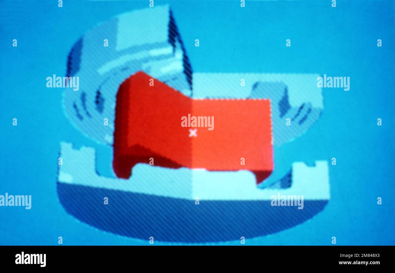 A computer graphics display of a jet engine compressor disk (red) with ...