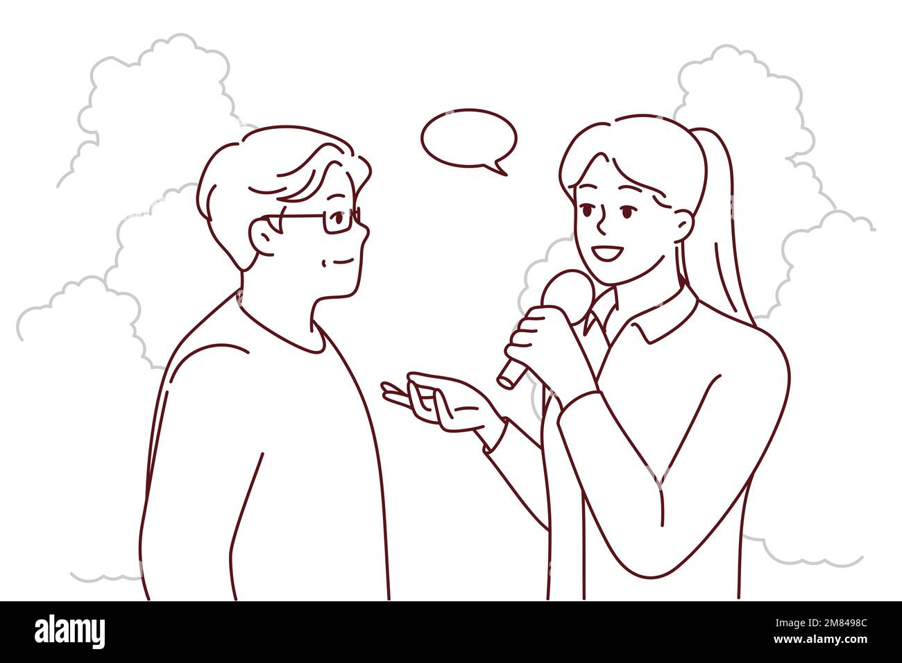 Female journalist with microphone interview elderly man in park. Woman with mic talk with old ...