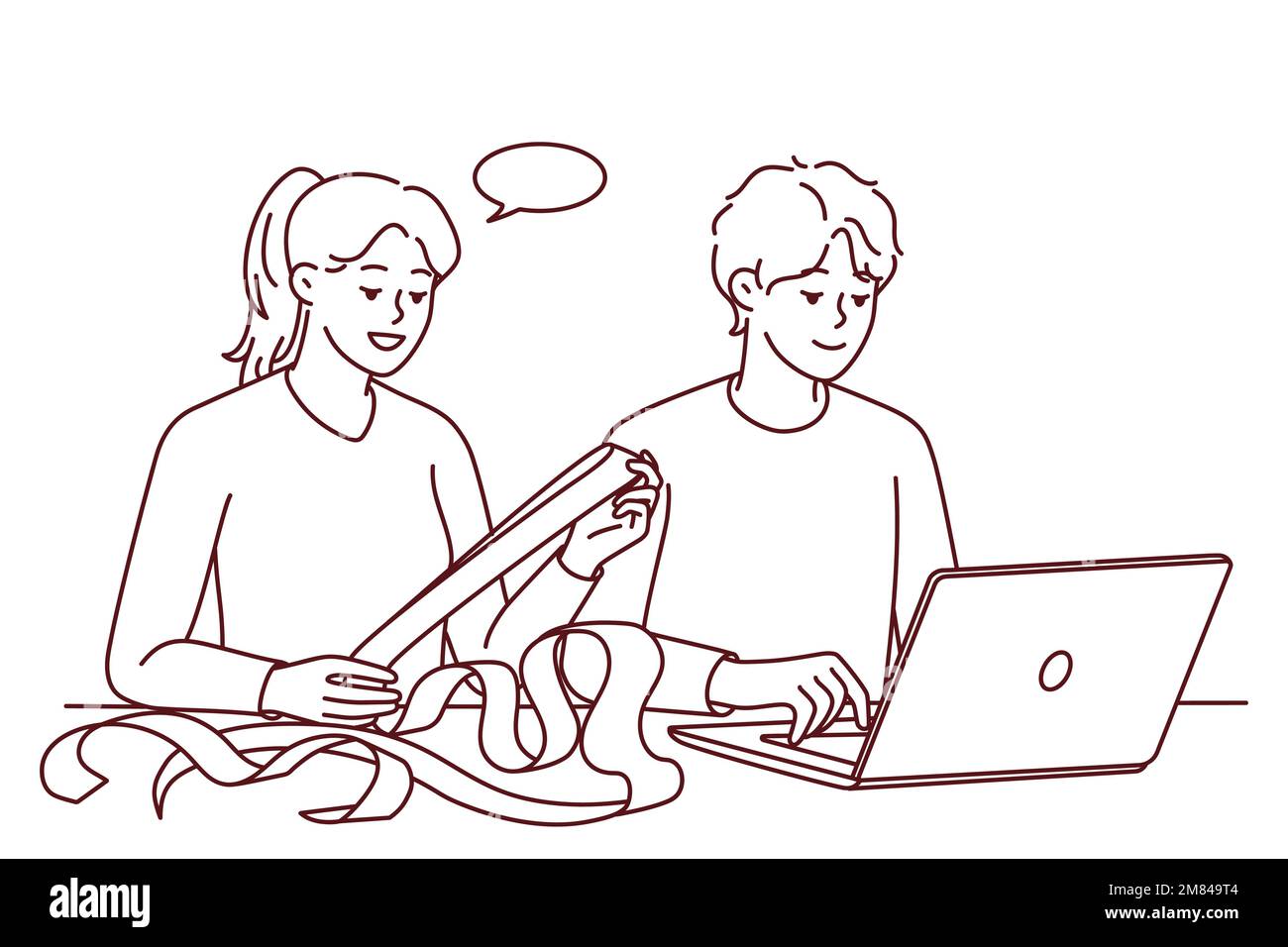 Young couple sit at table at home pay bills online. Man and woman ... Young couple sit at table at home pay bills online. Man and woman ...