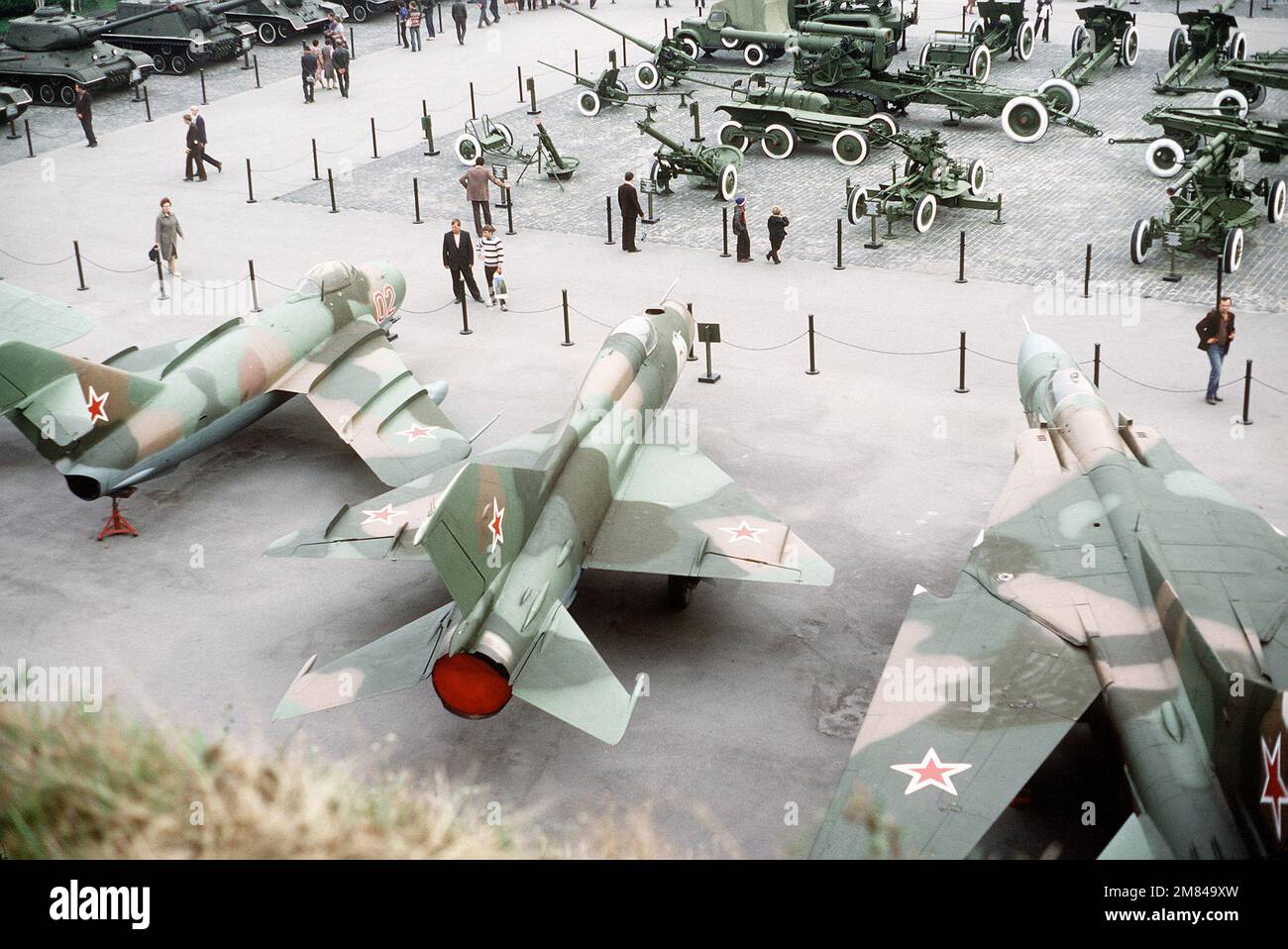 Overhead rear view of modern Soviet aircraft on public display at the ...