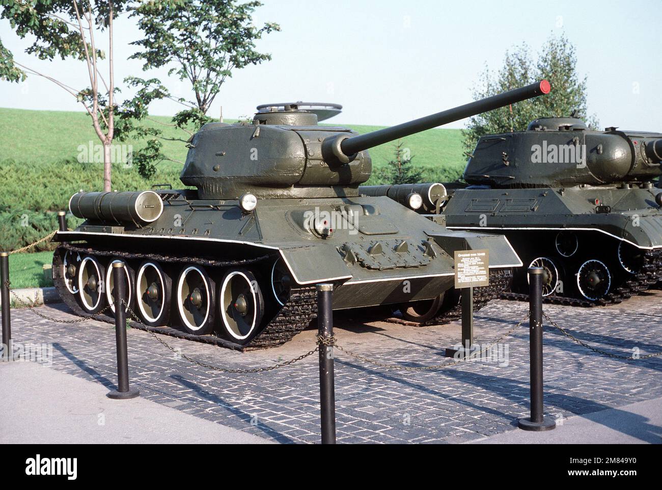 Right front view of a Soviet T-34/85 tank equipped with additional ...