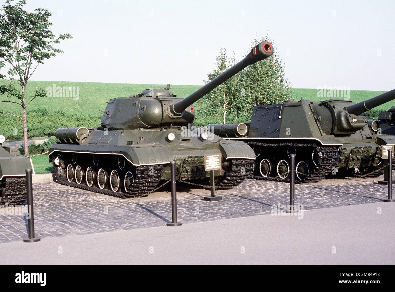 Right front view of a Soviet IS-2 heavy tank equipped with additional ...