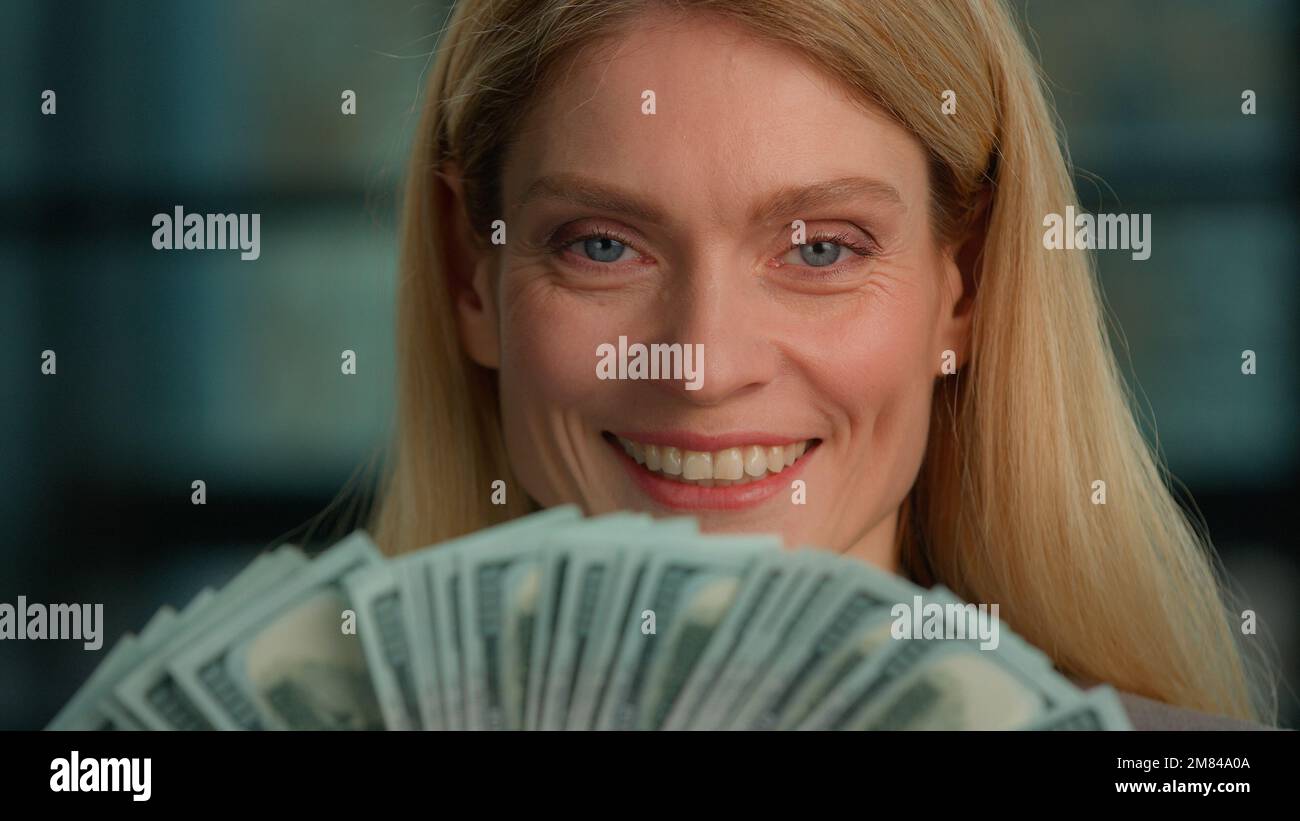 Caucasian rich middle-aged adult woman close up headshot female face ...