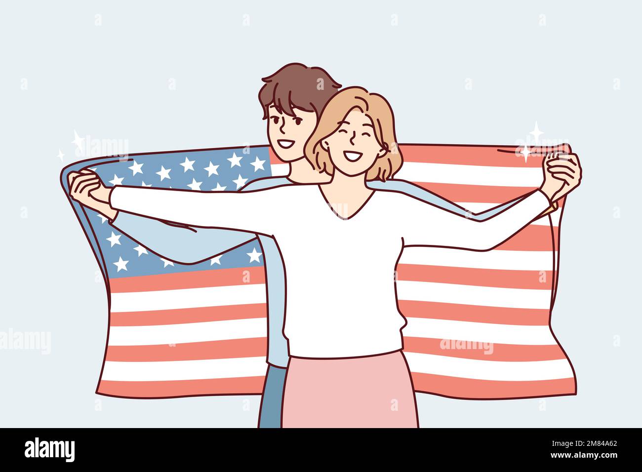 Friendly couple of man and woman posing with USA flag demonstrating ...