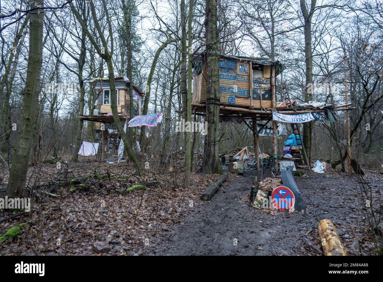12 January 2023, Hessen, Frankfurt/Main: Tree houses stand in the ...