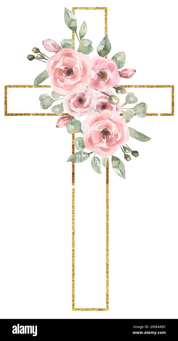 Watercolor hand drawn Cross Clipart, Pink flowers Cross, Peony Floral ...