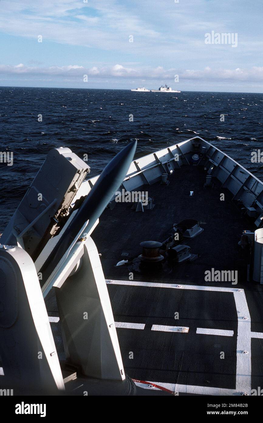 An RIM-66 Standard missile on a Mark-13 Mod-4 launcher on the bow of ...