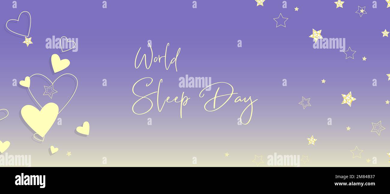 World Sleep day banner , violet yellow background with stars and heart ...