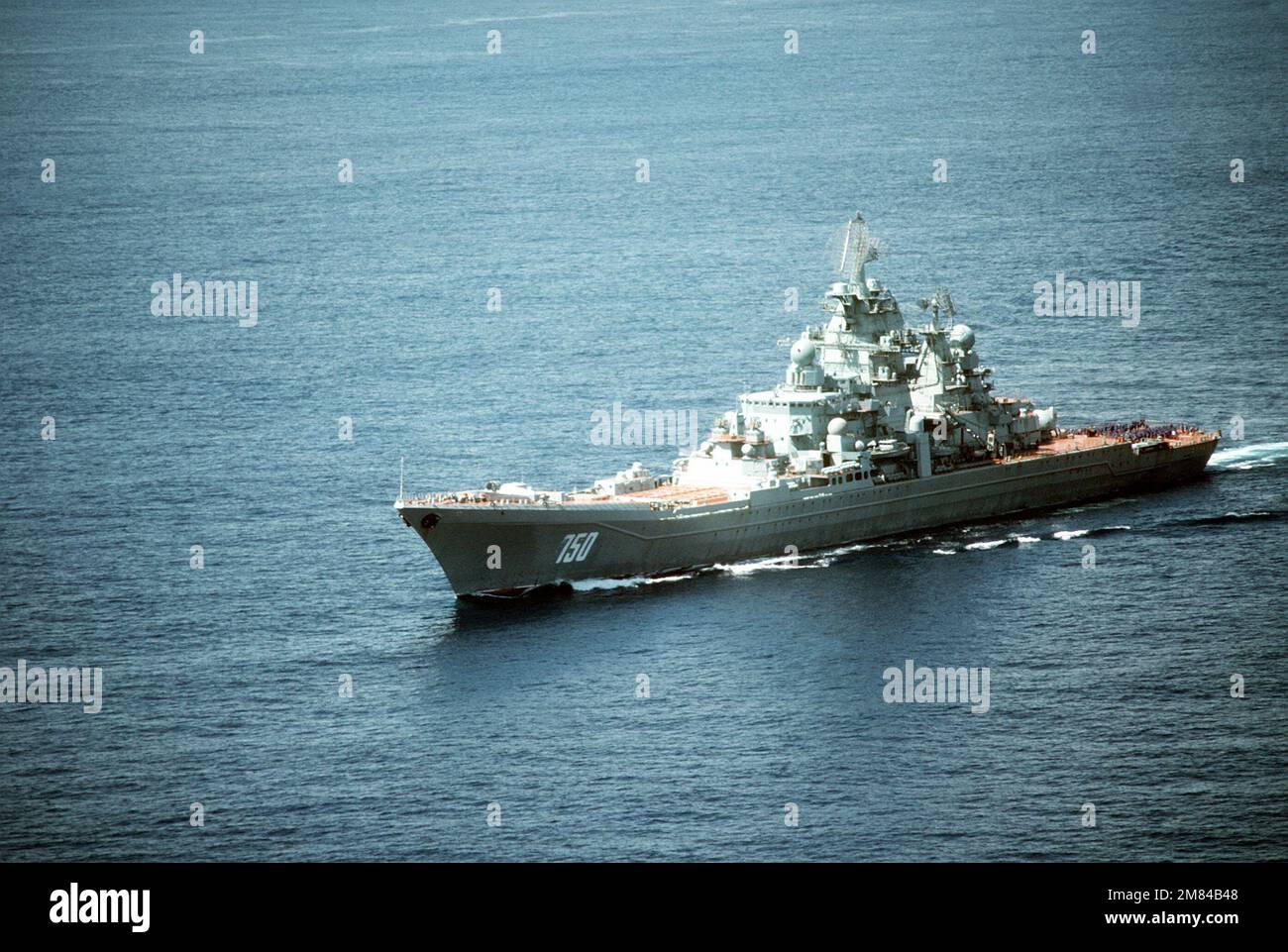 Aerial port bow view of the Soviet Kirov Class nuclear-powered guided ...